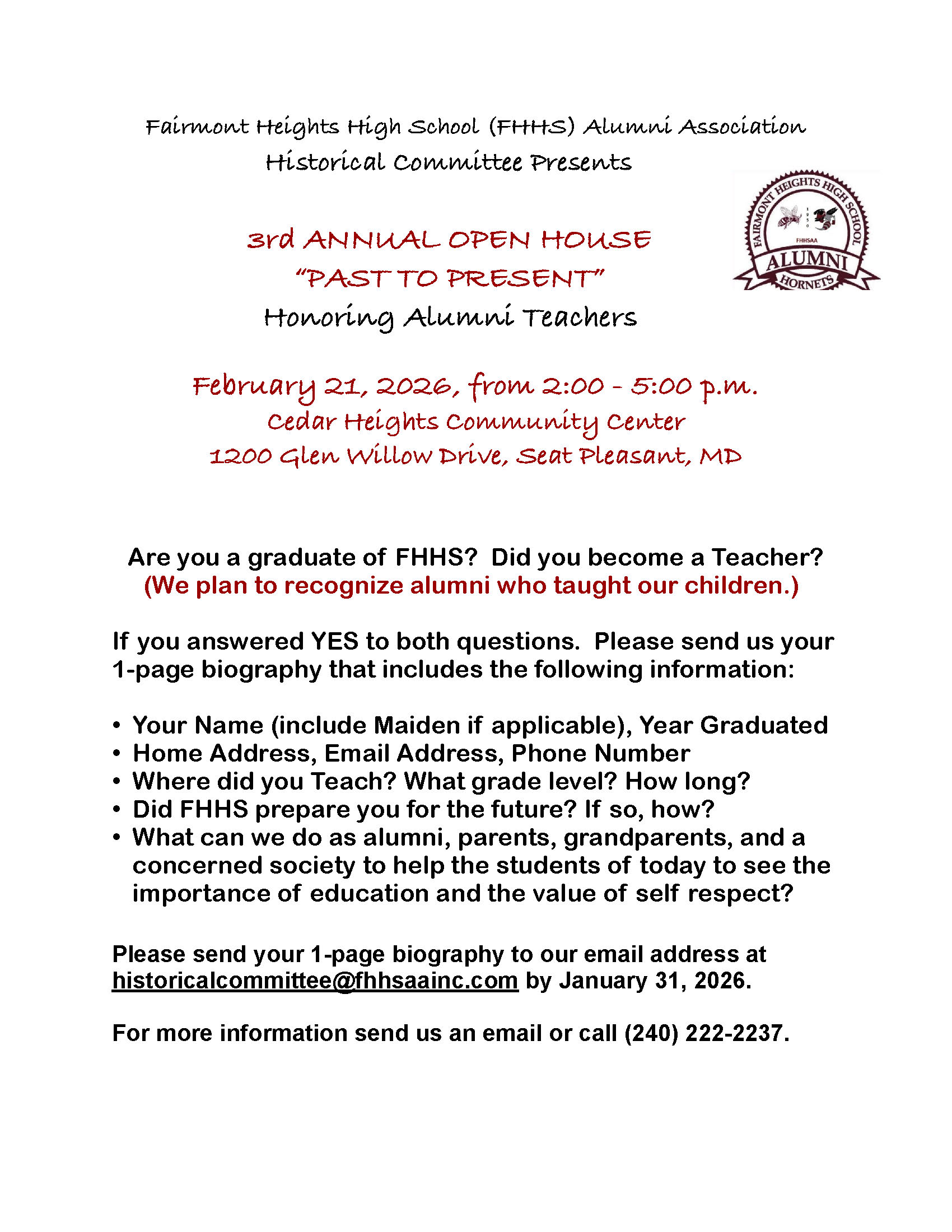 Open House - FAIRMONT HEIGHTS HIGH SCHOOL ALUMNI ASSOCIATION, INC.